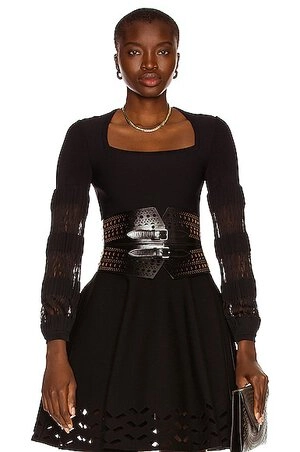 Alaïa Square Neck Knit Bodysuit With Lace Detail - Noir