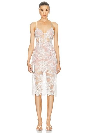 FLEUR DU MAL Sequin Floral Embroidered Midi Dress - Ivory
