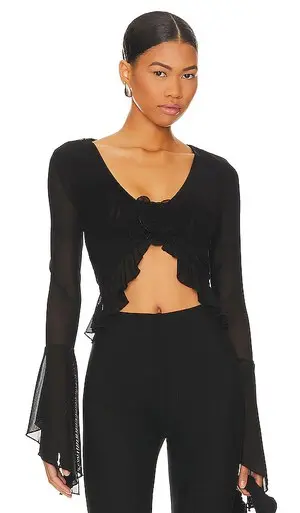 Majorelle Val Top With Ruffle Trim And Floral Accent - Black