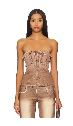 Superdown Denim Corset Top With Lace-up Front - Brown
