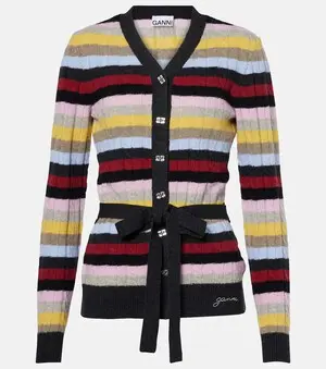 GANNI Striped Cable-knit Wool-blend Cardigan - Multicoloured