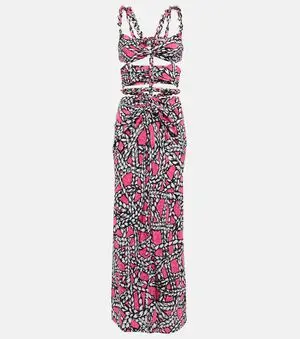 AREA Printed Cut-out Silk Midi Dress