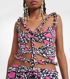 AREA Printed Cut-out Silk Midi Dress