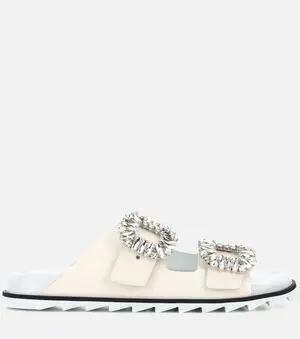 ROGER VIVIER Slidy Viv Leather Slip-on Sandals With Embellished Buckles - White