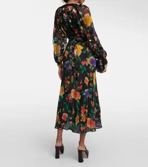 Rixo Ombre Bloom Black Floral Silk Midi Dress