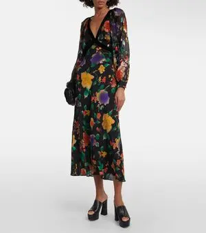 Rixo Ombre Bloom Black Floral Silk Midi Dress