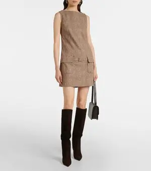 Staud Sheila Belted Midi Dress In Mocha Herringbone