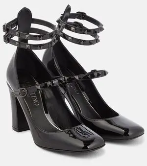 Valentino Garavani Patent Leather Pumps With Ankle Strap And Stud Detailing - Black