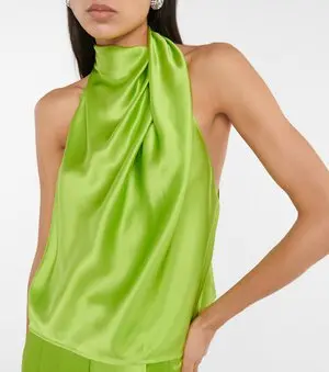THE SEI Draped High-neck Silk Satin Top - Green