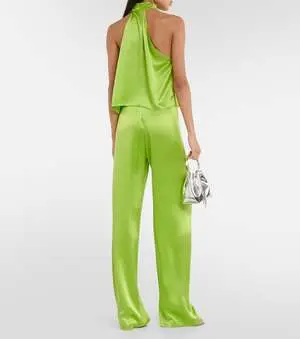THE SEI Draped High-neck Silk Satin Top - Green