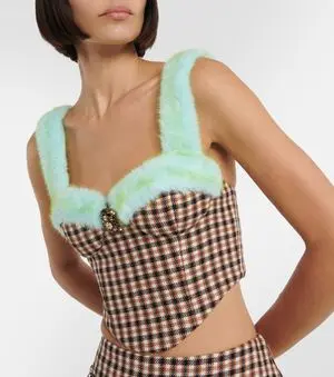 AREA Checked Wool And Cotton Bustier With Faux Fur Trim