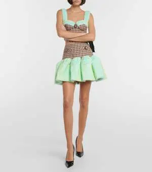 AREA Checked Wool And Cotton Bustier With Faux Fur Trim