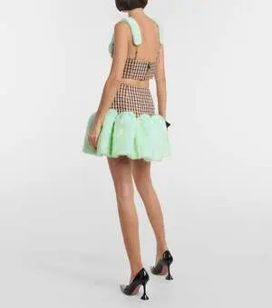 AREA Checked Wool And Cotton Bustier With Faux Fur Trim