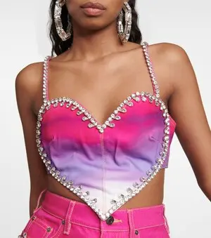 AREA Embellished Ombre Denim Cropped Top