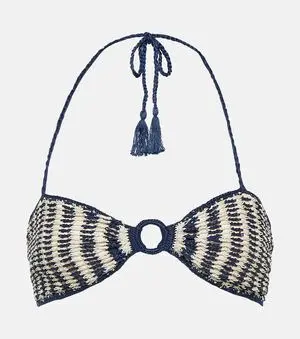 Anna Kosturova Crochet Cotton Bandeau Bikini Top In Indigo Cream Stripe