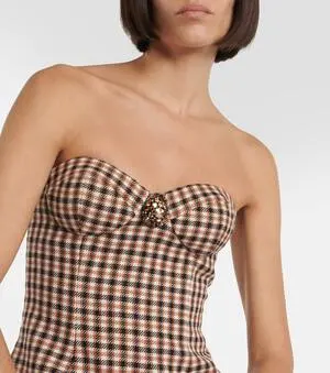 AREA Checked Wool And Cotton Bustier Dress With Faux Fur Trim