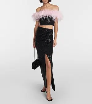 SELF-PORTRAIT Feather-trimmed Sequined Crop Top