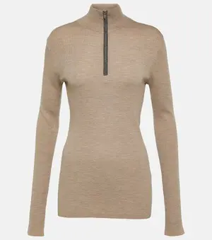 Brunello Cucinelli Ribbed Wool And Cashmere Zip-up Sweater - Brown