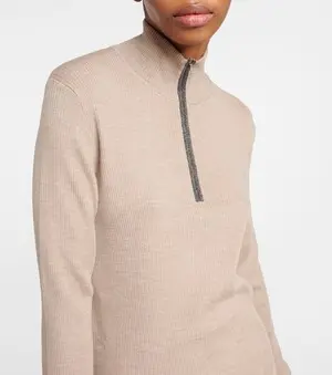 Brunello Cucinelli Ribbed Wool And Cashmere Zip-up Sweater - Brown