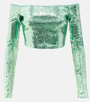 David Koma Sequined Off-shoulder Cropped Top - Green