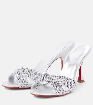 CHRISTIAN LOUBOUTIN Embellished Leather Mules - Silver