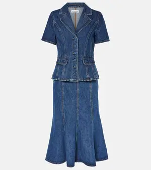 SELF-PORTRAIT Flared Denim Midi Dress - Blue