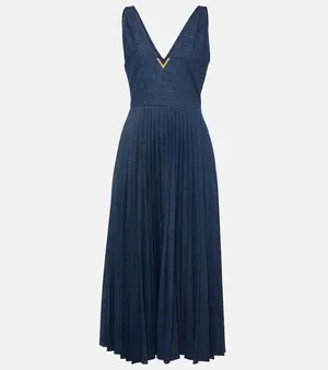 Valentino Garavani V-gold Plissé Chambray Maxi Dress