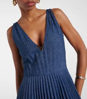 Valentino Garavani V-gold Plissé Chambray Maxi Dress