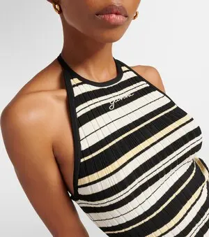 GANNI Logo Ribbed-knit Halterneck Top
