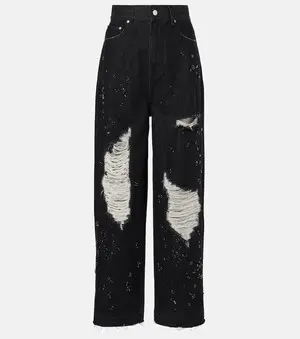 XU ZHI Embellished Distressed Wide-leg Jeans