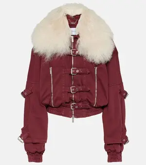 Blumarine Cropped Shearling-trimmed Denim Jacket - Red