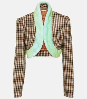 AREA Cropped Wool And Cotton Jacket With Faux Fur Trim - Multicoloured