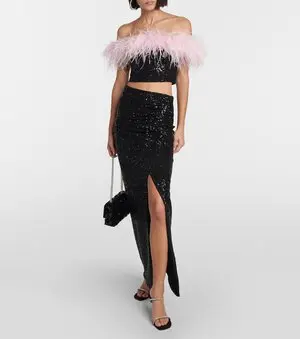 SELF-PORTRAIT Sequined Ruched Maxi Skirt - Black