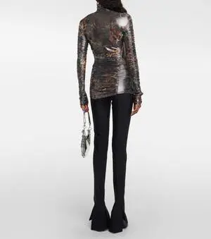 MUGLER Printed Ruched Turtleneck Top