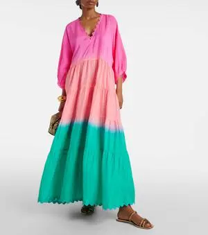 JULIET DUNN Colorblocked Tiered Silk Maxi Dress