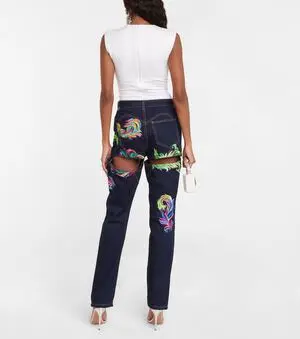 AREA Embroidered High-rise Straight Jeans