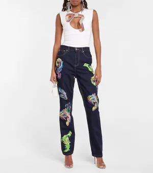 AREA Embroidered High-rise Straight Jeans