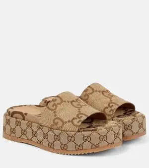 Gucci Gg Maxi Canvas Platform Slides - Beige