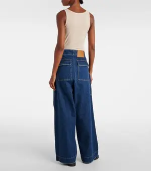 Plan C Mid-rise Wide-leg Denim Cargo Pants