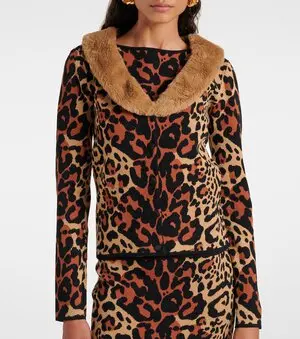 Blumarine Leopard-print Jacquard Cardigan With Faux Shearling Trim