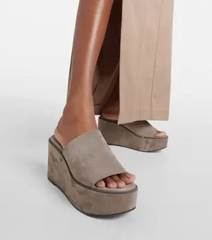 Brunello Cucinelli Suede Platform Slides - Grey