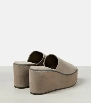 Brunello Cucinelli Suede Platform Slides - Grey