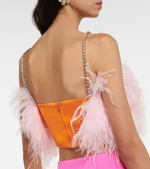 SELF-PORTRAIT Feather-trimmed Satin Crop Top