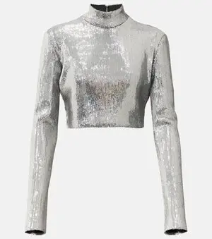 David Koma Sequined Mock Neck Crop Top - Silver