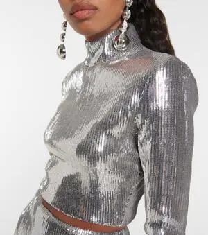 David Koma Sequined Mock Neck Crop Top