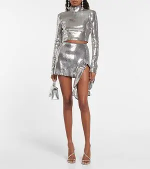 David Koma Sequined Mock Neck Crop Top