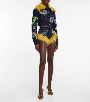 AREA Mohair-trimmed Cropped Denim Jacket