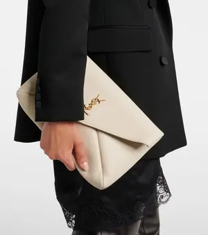 Saint Laurent Cassandre Large Leather Clutch - Neutrals
