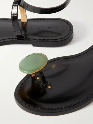 AMANU The Kigali Aventurine-embellished Croc-effect Leather Sandals - Black