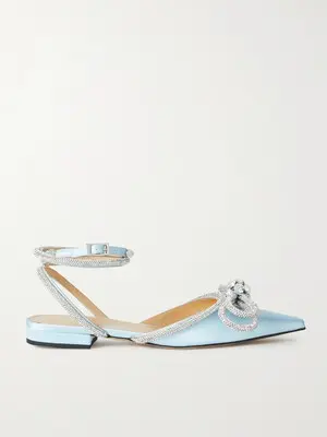 Mach & Mach Double Bow Crystal-embellished Satin Point-toe Flats - Blue